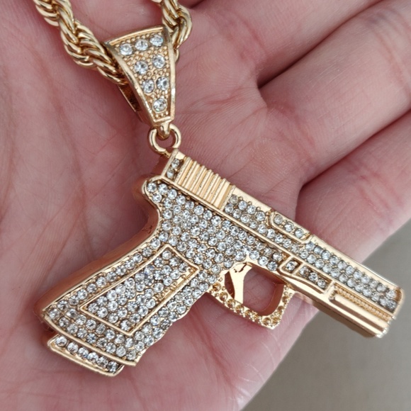 Accessories | 18k Gold Plated Gun Pendant 3 Rope Chain Necklace Hip Hop ...